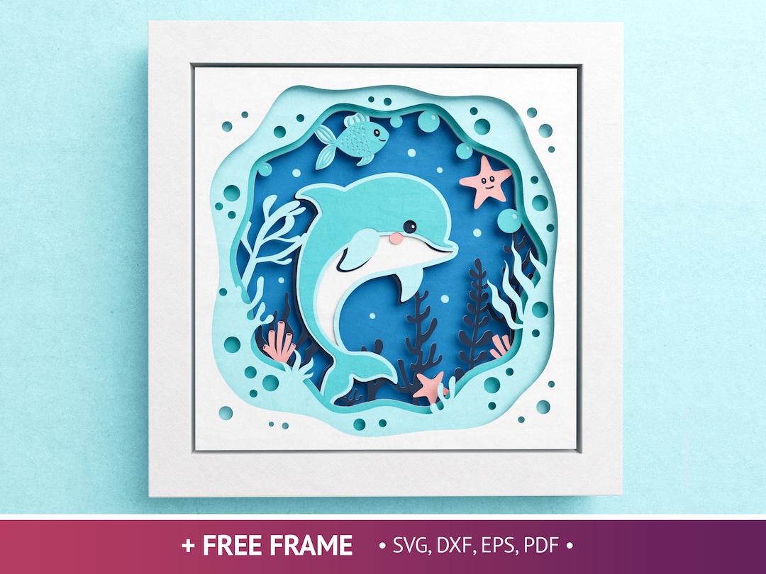 3D Cute Dolphin Shadow Box, Animal Shadow Box SVG, Layered Papercut ...