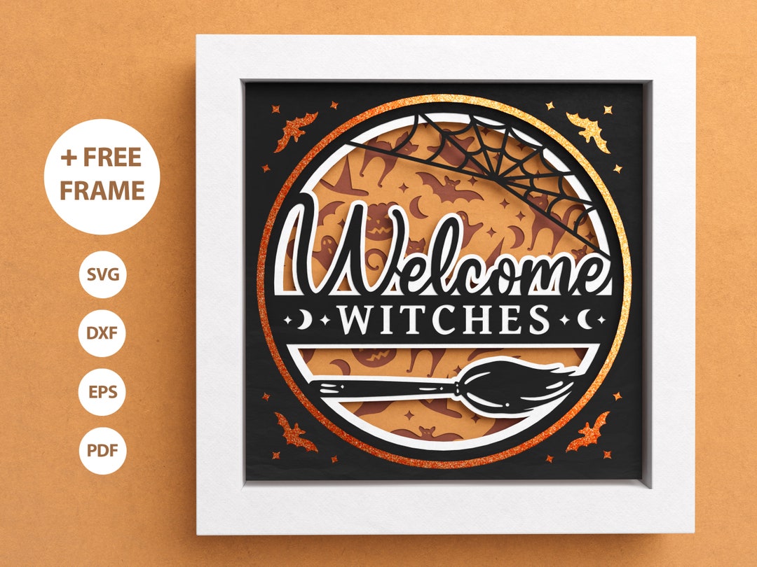 3D Welcome Witches Shadow Box, Halloween Broom, Spiderweb, Bats ...