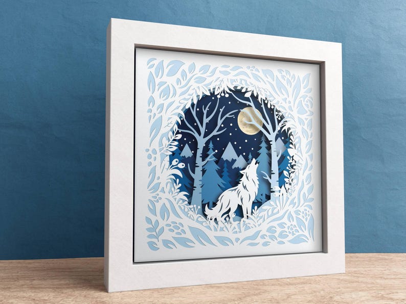 Wolf Shadow Box 3D SVG Christmas Winter Shadowbox Howling Wolf Moon ...