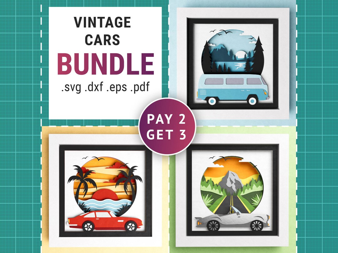 3D Vintage Cars Shadow Box Bundle, Travel Shadow Box, Car Lover 3D SVG ...