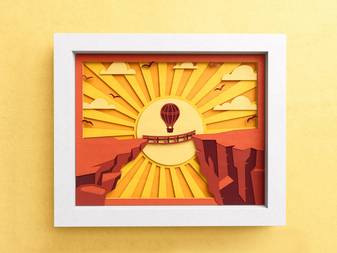 3D Hot Air Balloon Shadow Box, Sunset Lightbox, Papercut Template ...