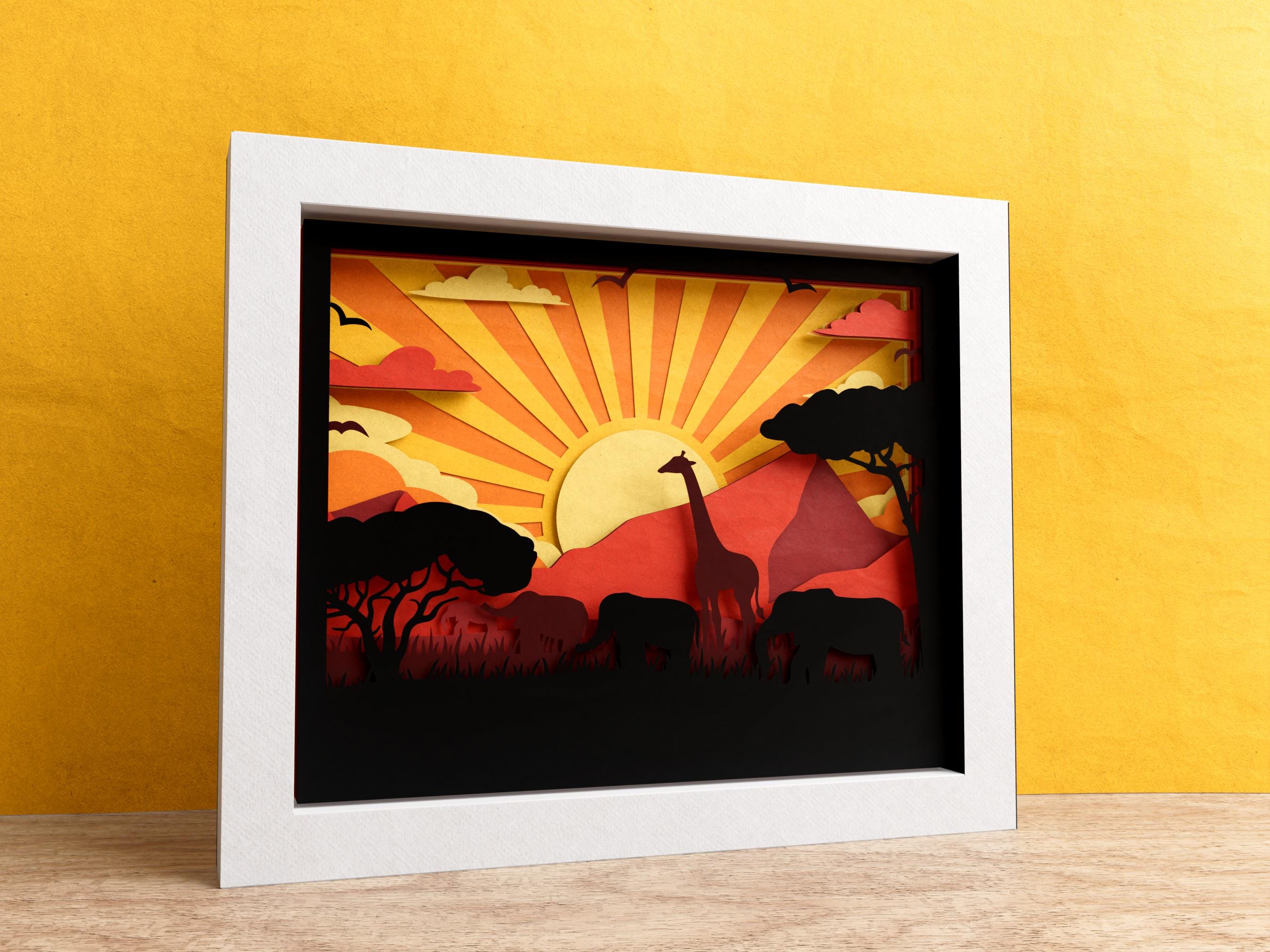 3D Africa Shadow Box, Savanna Nature Landscape SVG, Layered Paper Art ...