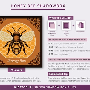 3D Honey Bee Shadow Box, Insect Cutout, Animal Shadow Box SVG, Files ...