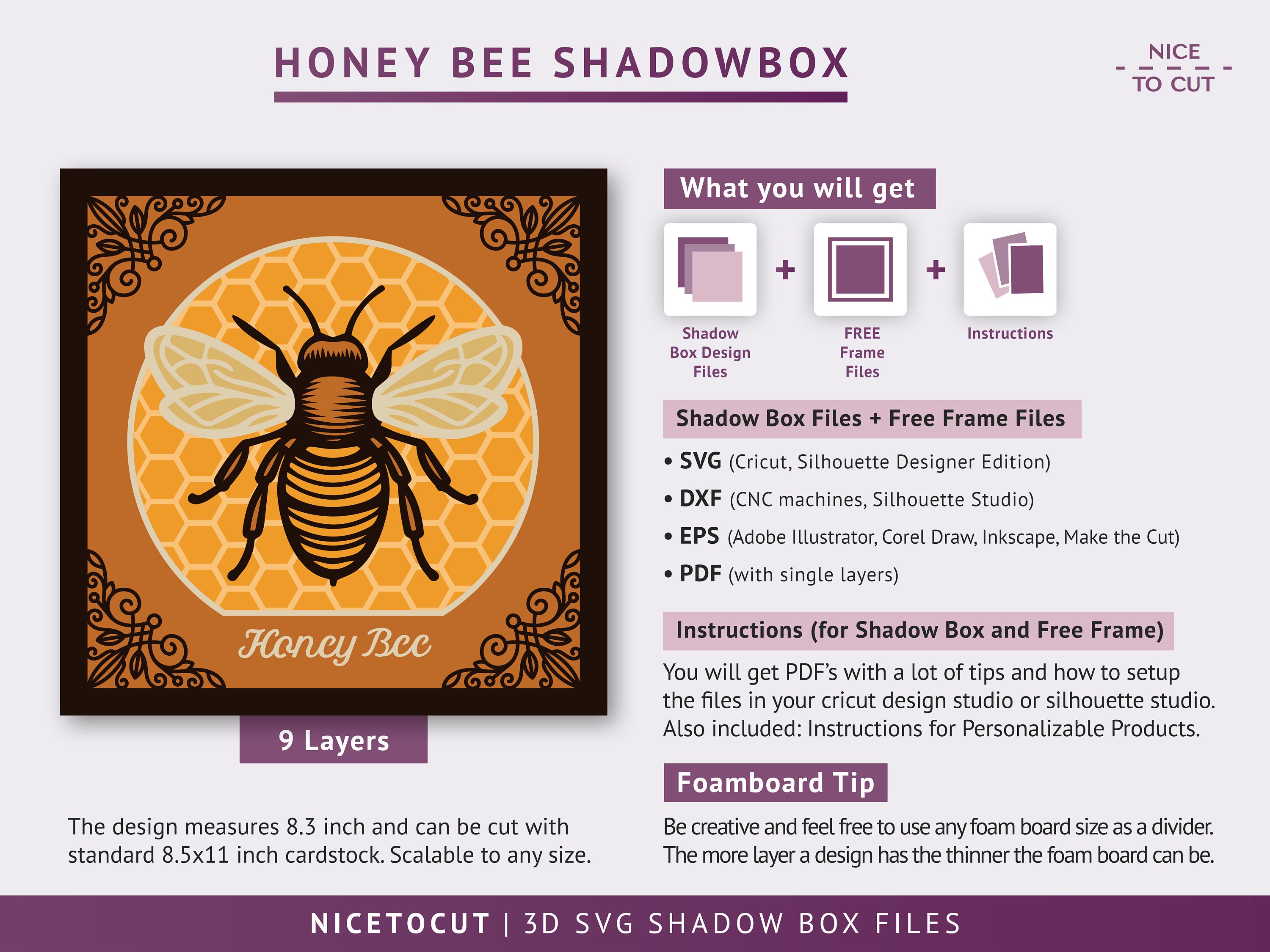 3D Honey Bee Shadow Box, Insect Cutout, Animal Shadow Box SVG, Files ...