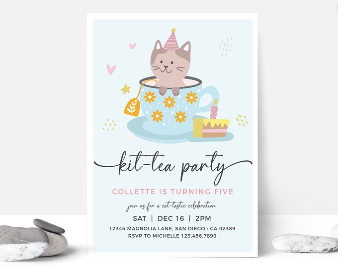 Kitty Cat Tea Party With Bunny Ghost Guest5x7 Art Print of Original ...