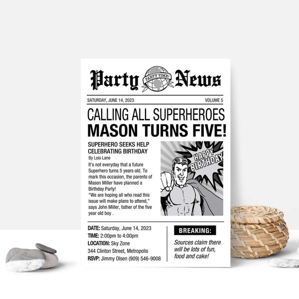 Superhero Newspaper Invitation - Etsy