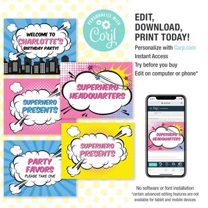 EDITABLE Superhero Girl Party Signs • 8.5" X 11" | Superhero Welcome ...