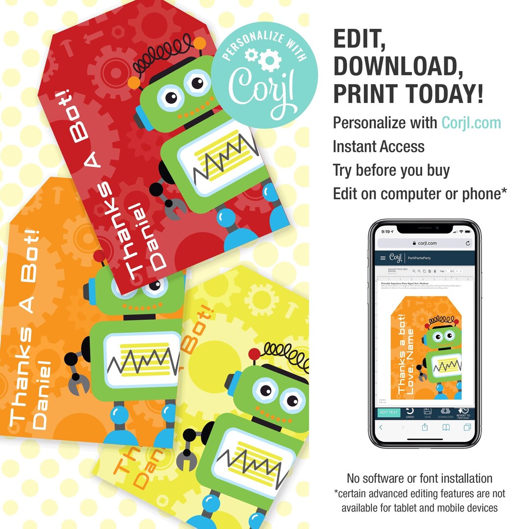 EDITABLE Robot Party Thank You Tags | Robot Favor Tag | Robot Gift Tag ...