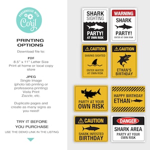 EDITABLE Shark Party Signs • Shark Birthday Signs • Shark Warning Signs ...