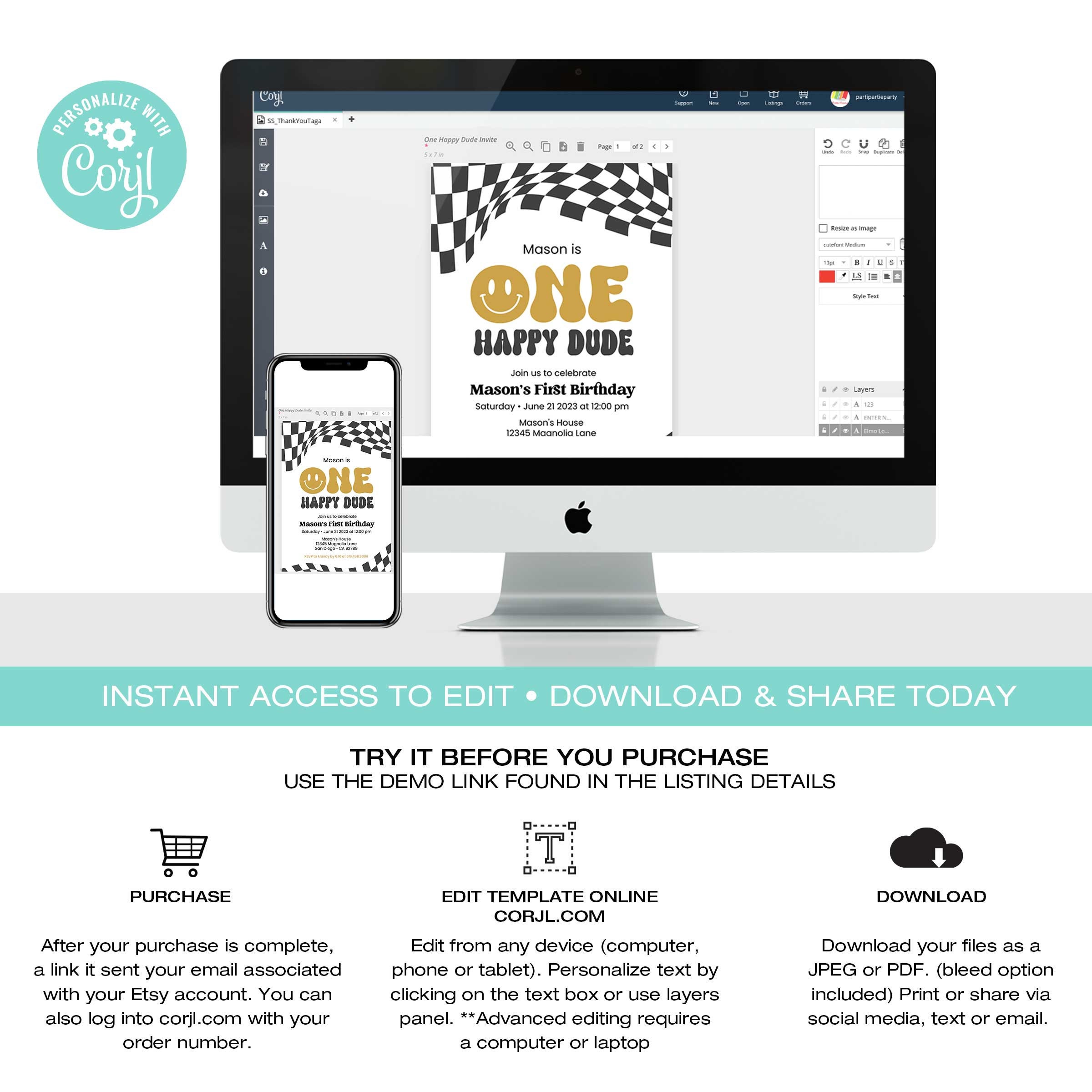 One HAPPY Dude Birthday Invitation Editable Template | One Happy Dude ...