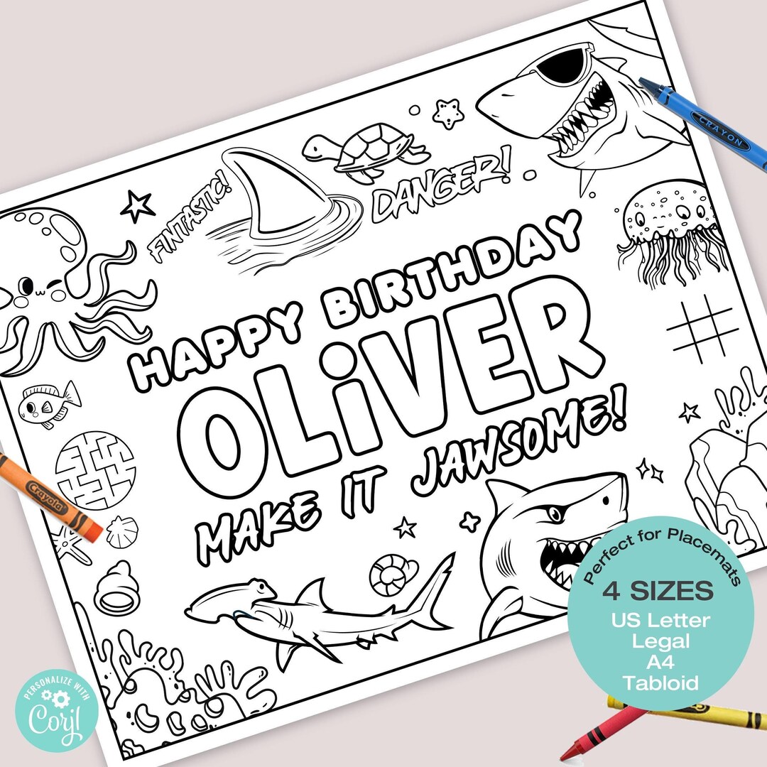 EDITABLE Shark Birthday Party Coloring Page • Shark Activity Sheet • 4 ...