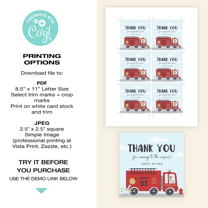 EDITABLE Fire Truck Thank You Tag, Fire Truck Favor Tag • Fireman ...