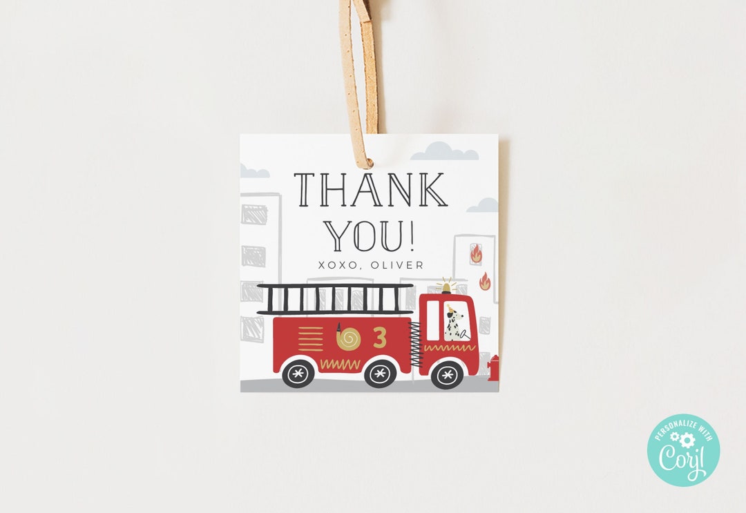 EDITABLE Fire Truck Thank You Tag, Fire Truck Favor Tag • Fireman ...