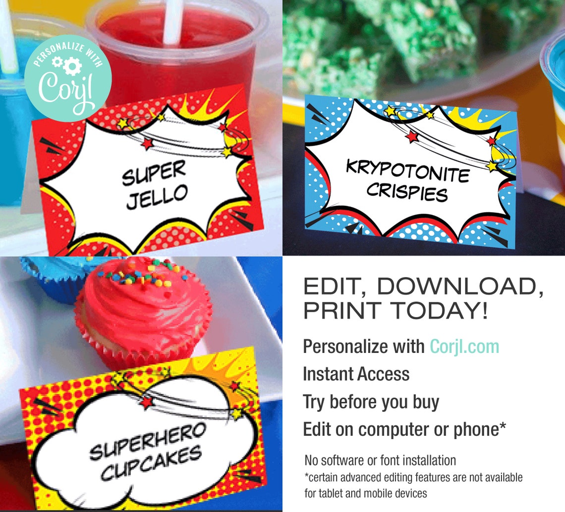 EDITABLE Printable Superhero Folding Buffet Card Food Label - Etsy