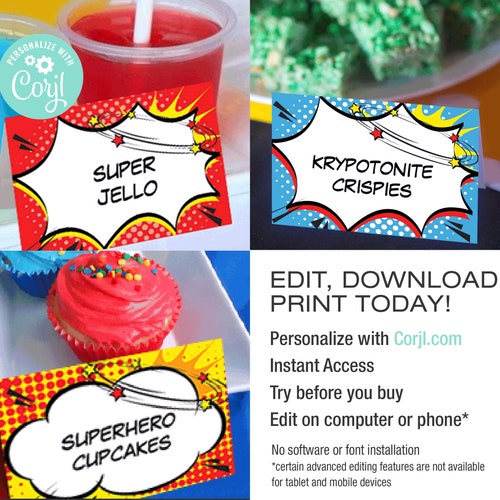 EDITABLE Printable Superhero Folding Buffet Card Food Label - Etsy
