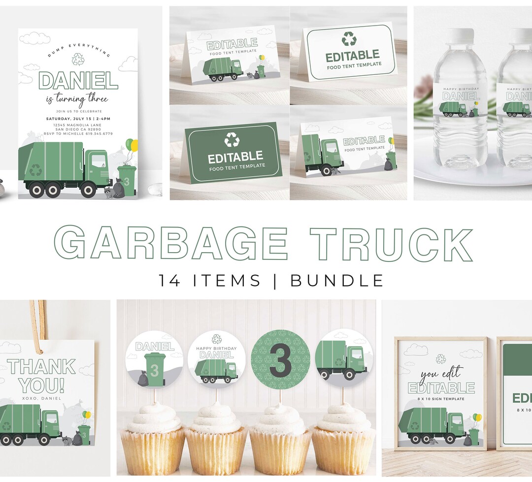 EDITABLE Garbage Truck Birthday Collection BUNDLE | 14 EDITABLE Digital ...