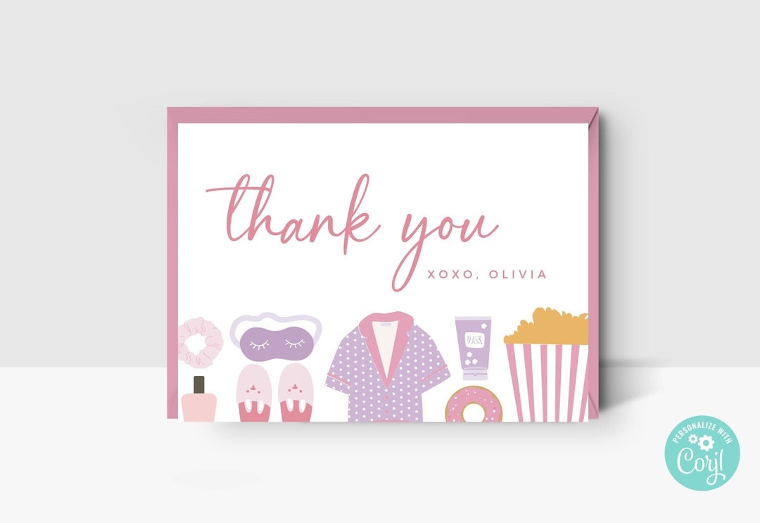 EDITABLE Sleepover • Pajama Party Thank You Card • slumber Party ...