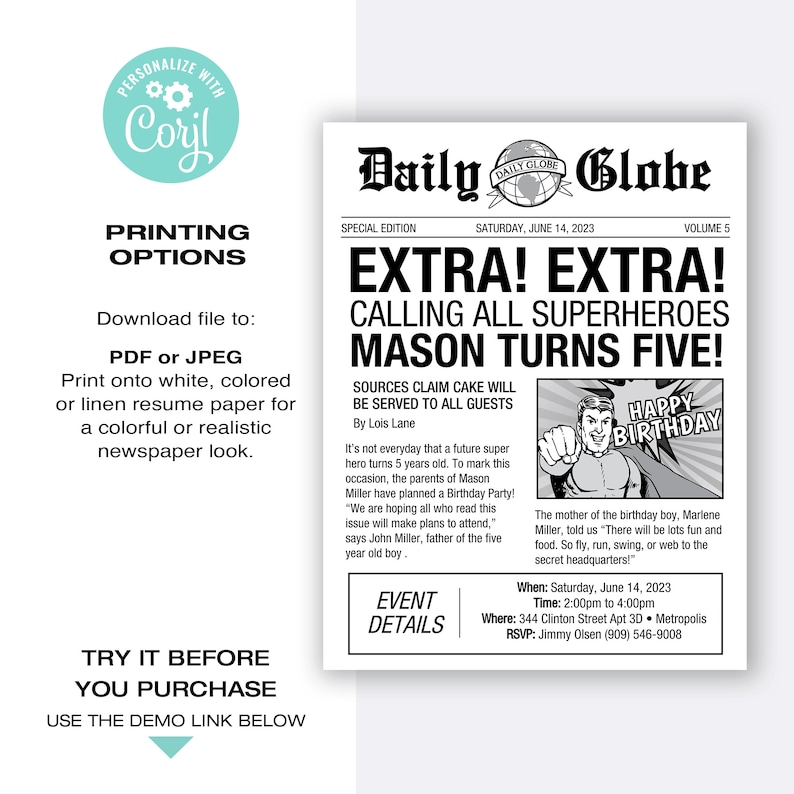 EDITABLE Superhero Newspaper Invitation / Superhero Invite • 8.5" X 11 ...