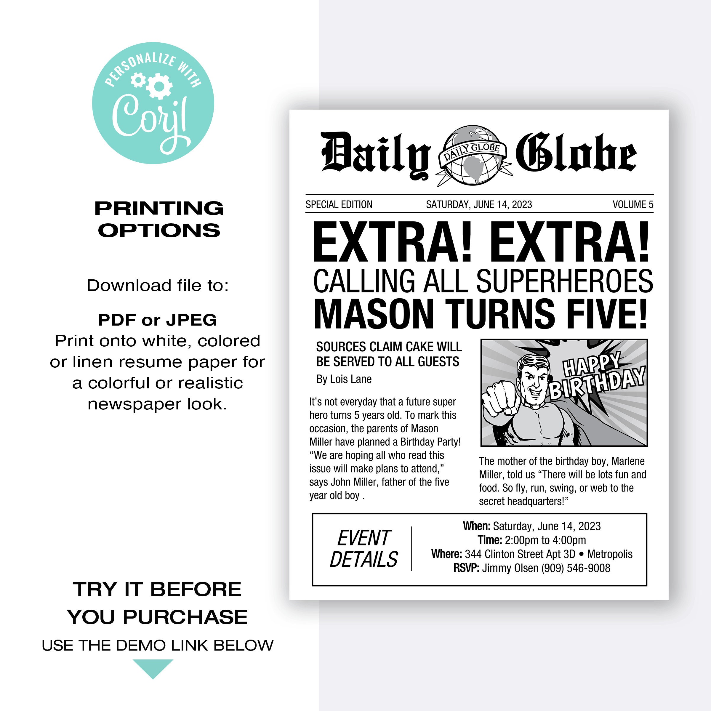 EDITABLE Superhero Newspaper Invitation / Superhero Invite • 8.5" X 11 ...