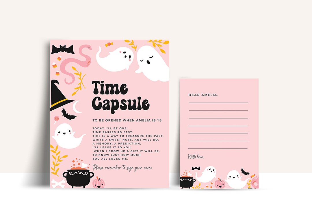Halloween Party Time Capsule Sign and Notecard Set | Pink Retro, Groovy ...