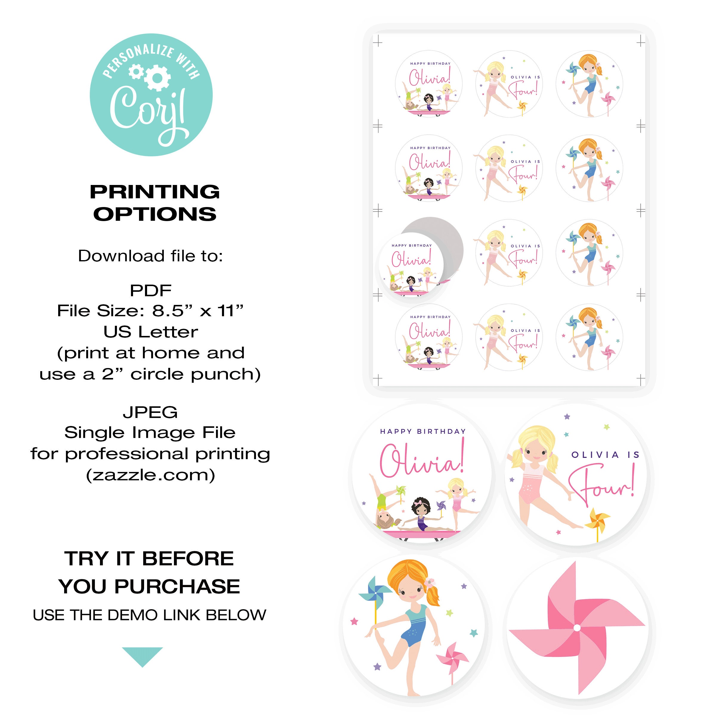EDITABLE Gymnastics Party Cupcake Toppers • Party Circles • Pinwheels ...