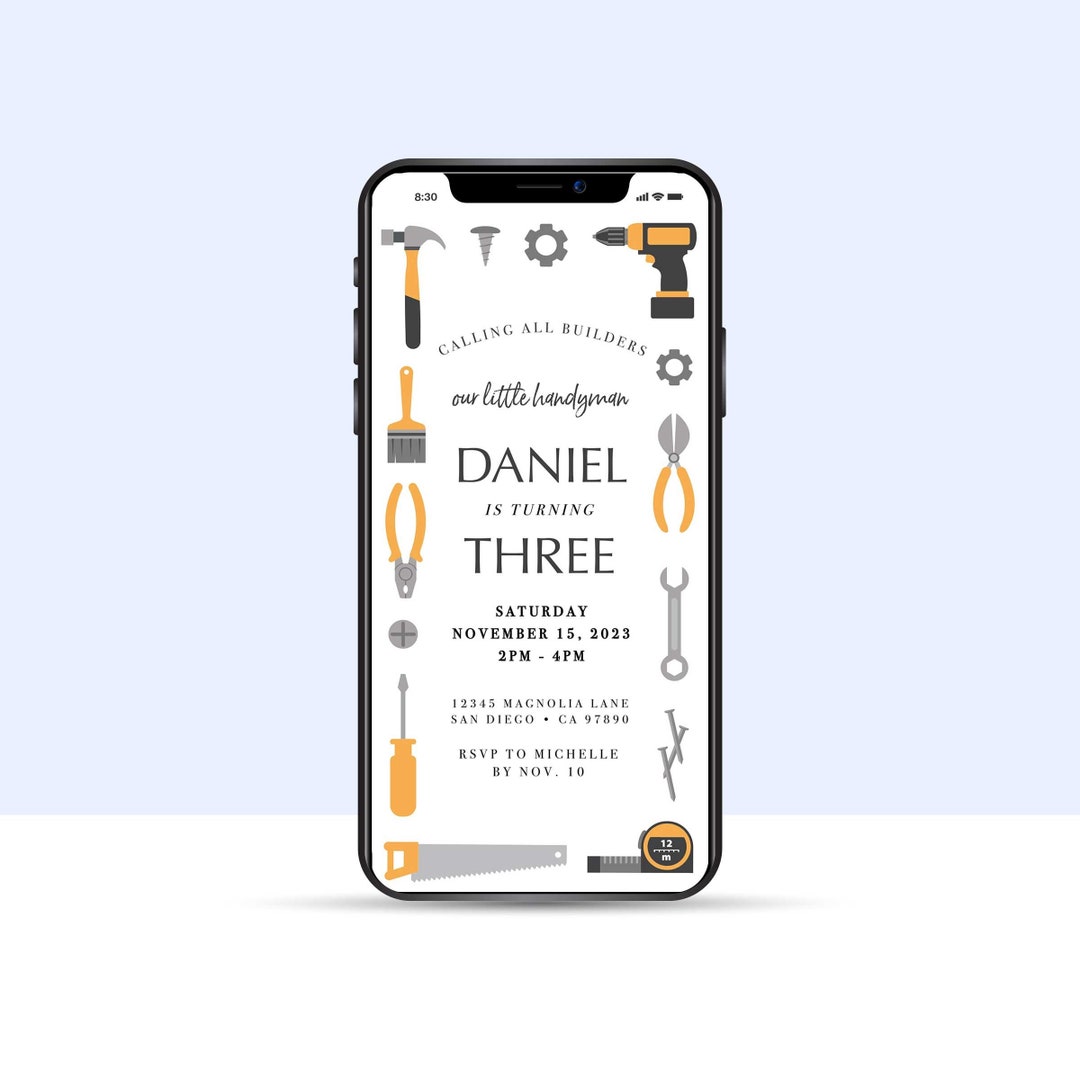 EDITABLE Builder Birthday EVITE Invitation, Phone Text Invite, Handyman ...
