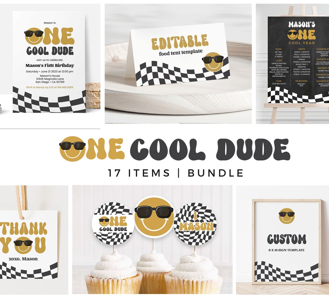 One Cool Dude Birthday Bundle Editable Templates 16 Items | One Happy ...
