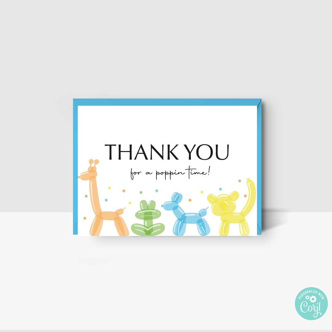 EDITABLE Balloon Animals Thank You Card • Note Card • Balloon Party ...