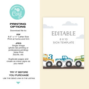 EDITABLE Monster Truck Party Signs 8" X 10" • Modern and Simple Monster ...