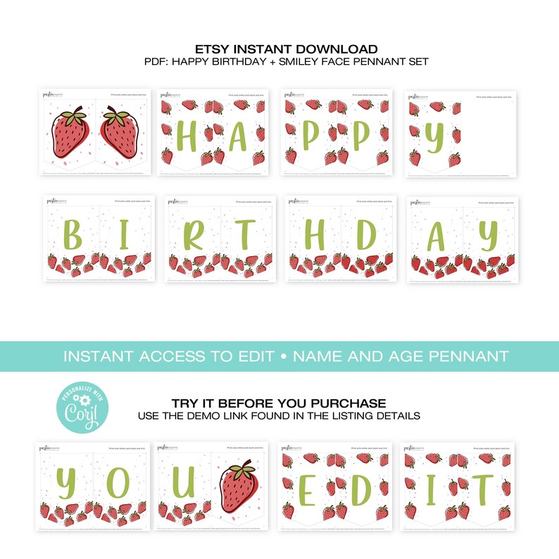 Strawberry Happy Birthday Pennant Set + Editable Name Pennant Set ...