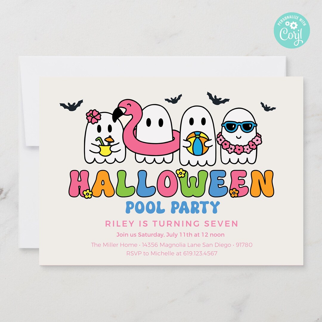 EDITABLE Halloween Pool Party Birthday Party Invitation, Halloween ...