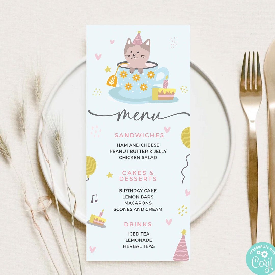 EDITABLE Cat Kitten Tea Party Birthday Party Menu • kit-tea Party Menu ...