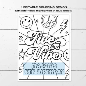 EDITABLE Five is a Vibe GROOVY Boy Coloring Page • age 5 Happy Face ...