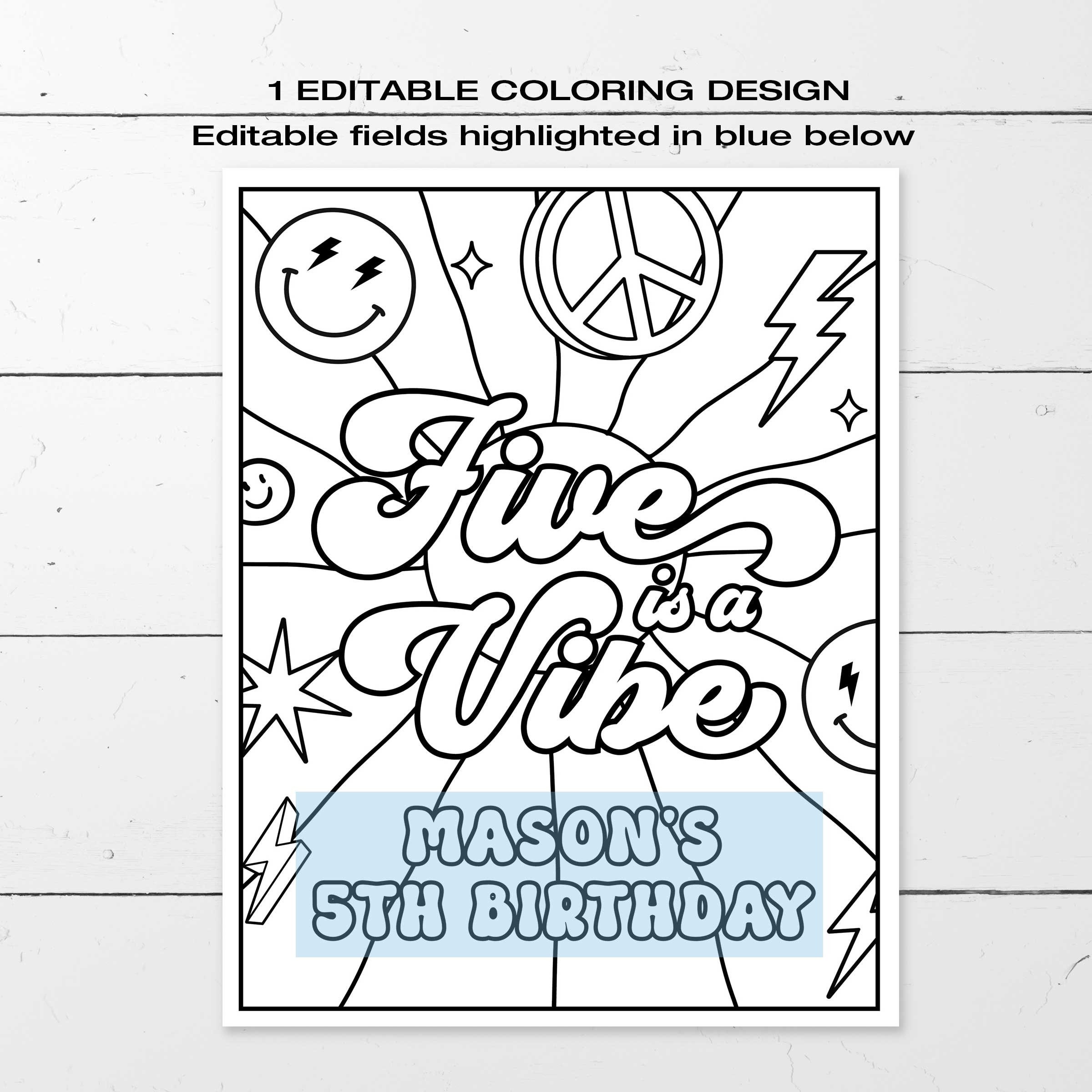 EDITABLE Five is a Vibe GROOVY Boy Coloring Page • age 5 Happy Face ...
