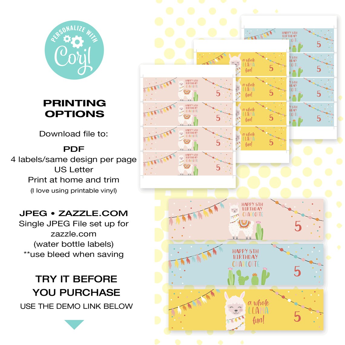 EDITABLE Printable Llama Water Bottle Labels Cactus Alpaca | Etsy