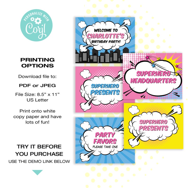 EDITABLE Superhero Girl Party Signs • 8.5" X 11" | Superhero Welcome ...