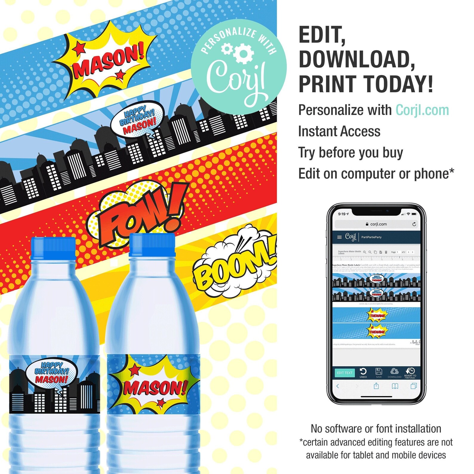 EDITABLE Printable Superhero Water Bottle Labels / Superhero - Etsy