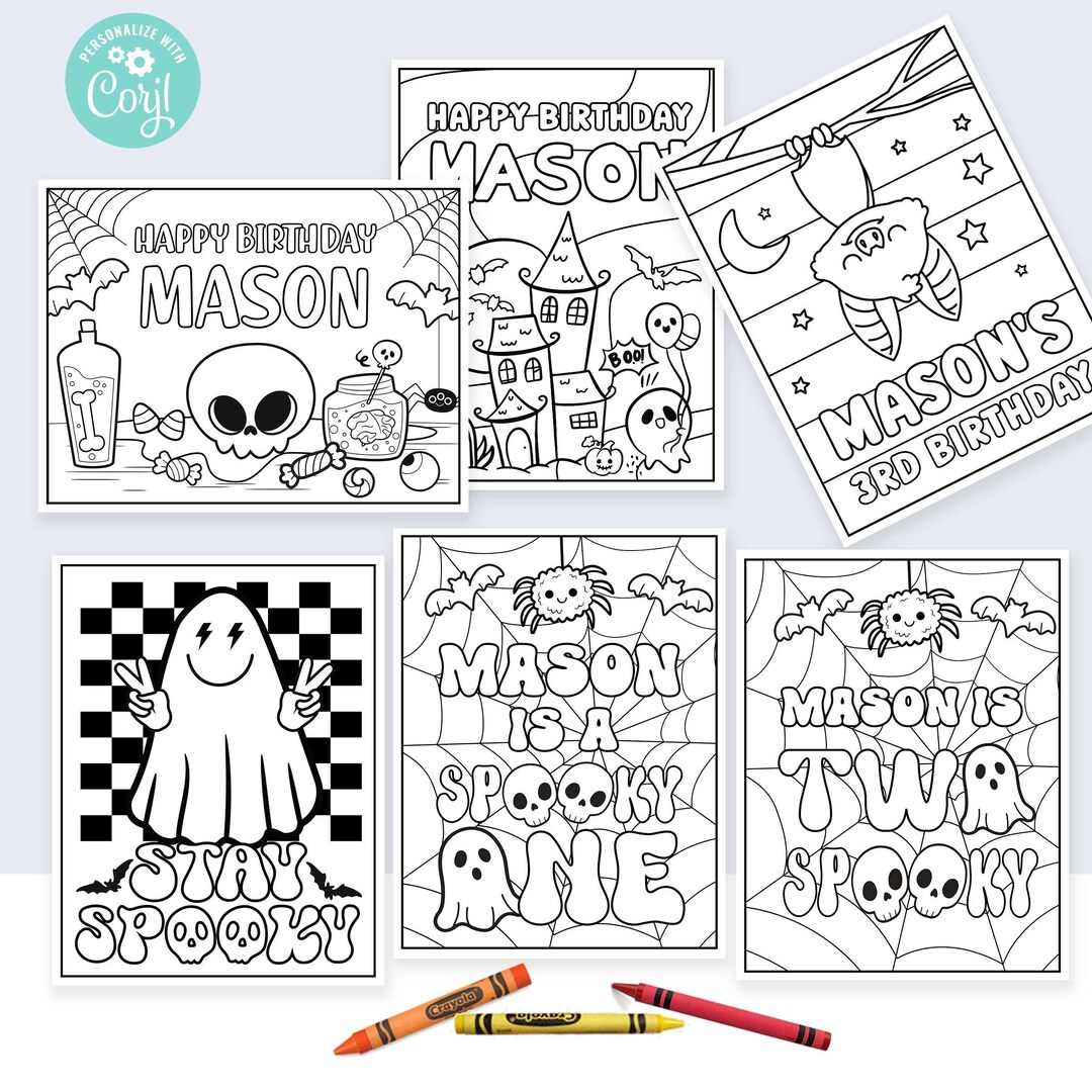 Halloween Birthday Party Coloring Pages • BOY Spooky One, Two Spooky ...