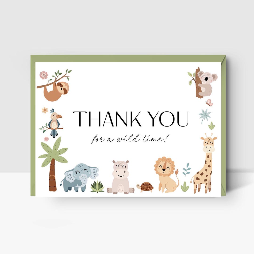 EDITABLE Jungle Animals Thank You Card • Two Wild, Wild One • Wild ...
