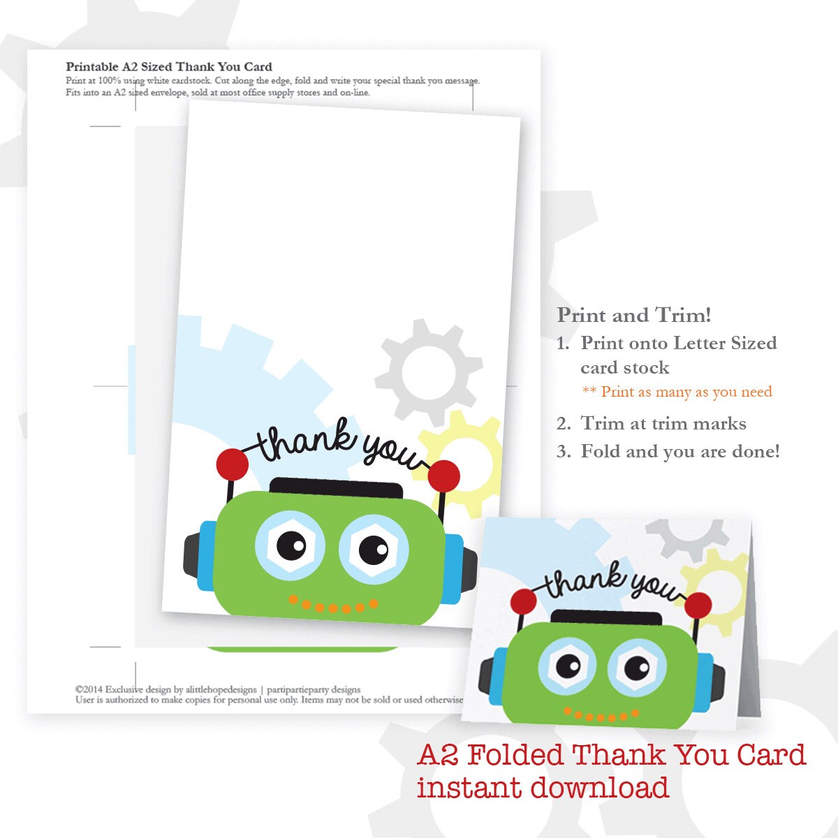 Robot Thank You Card | Robot Thank You Note | A2 Folded Card 4.25 X 5.5 ...