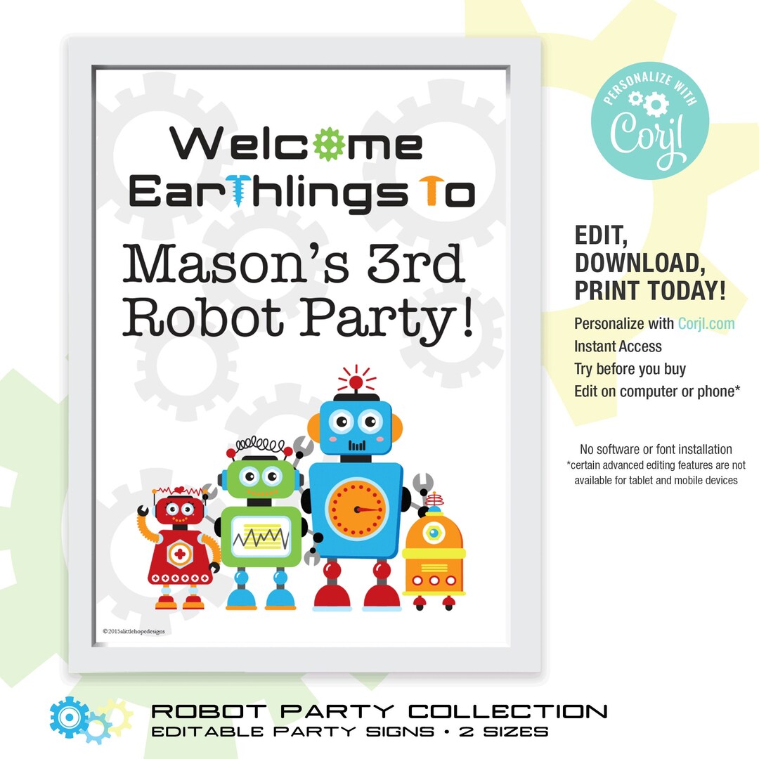 EDITABLE Printable Robot Party Welcome Signs Robot Party - Etsy
