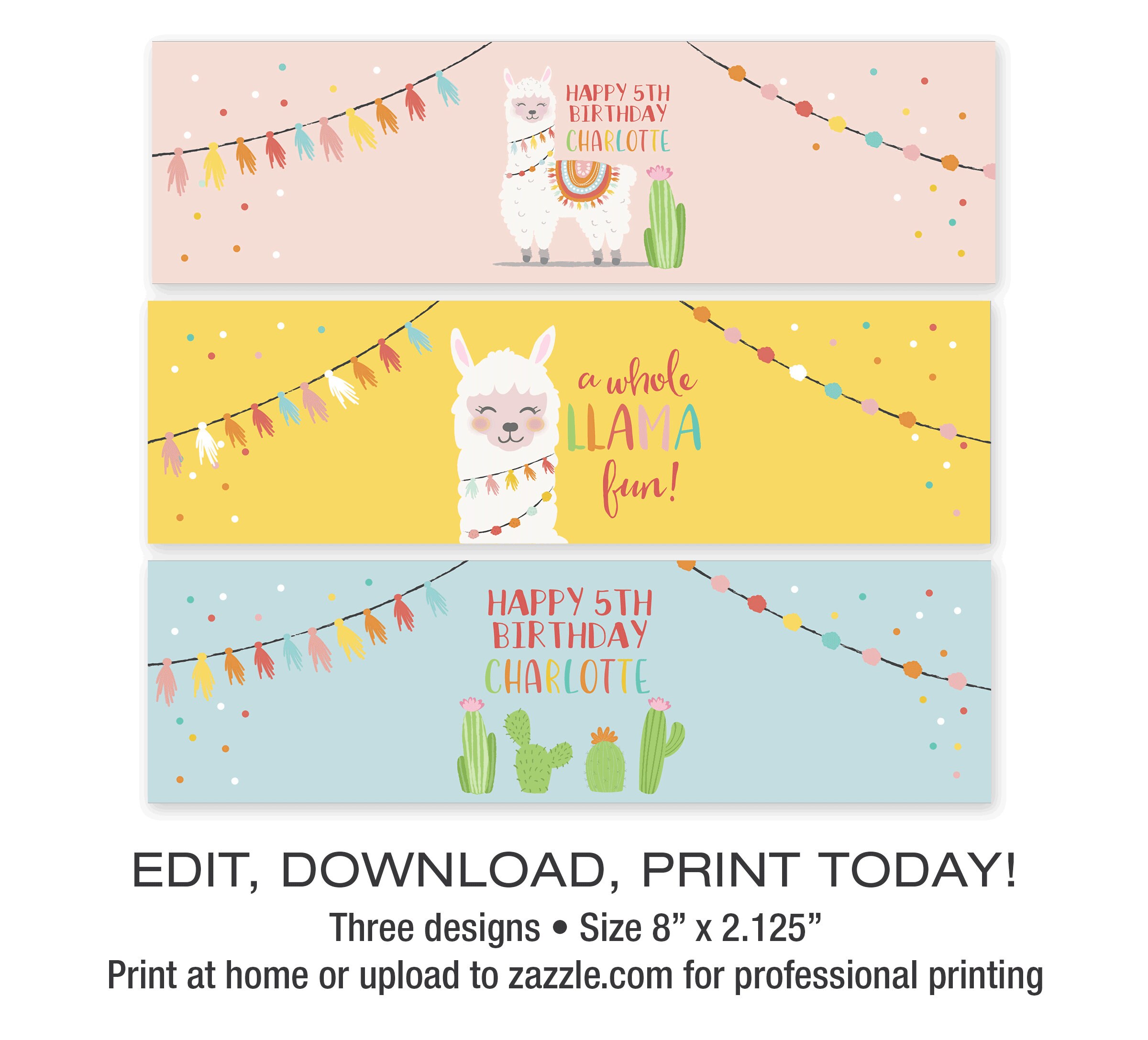 EDITABLE Printable Llama Water Bottle Labels | Cactus Alpaca Fiesta ...