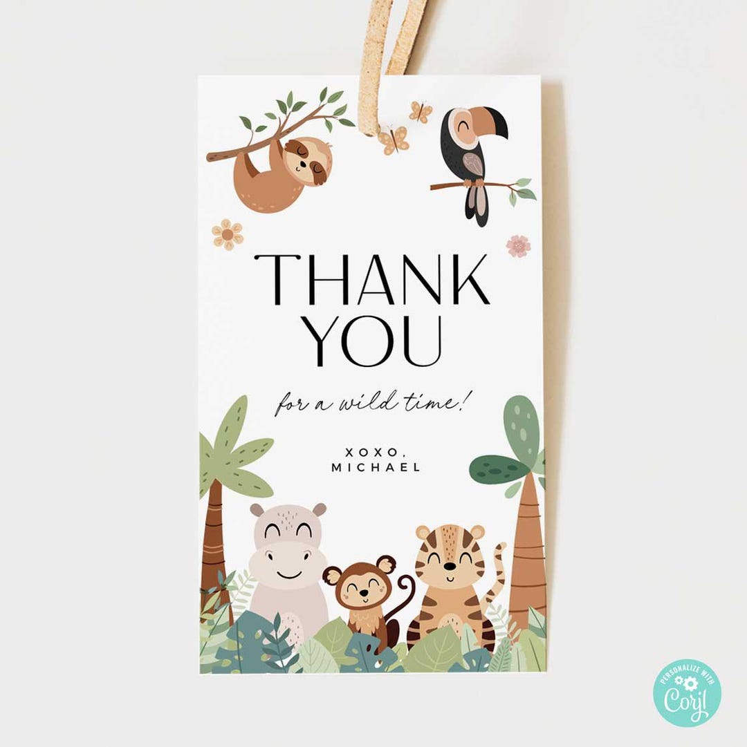 EDITABLE Jungle Animals Thank You Tag • Gift Tag • Favor Tag • Thank ...