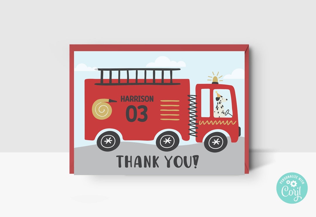 EDITABLE Fire Truck Thank You Card • Note Card, Stationery • Fireman ...