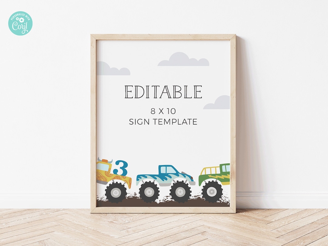 EDITABLE Monster Truck Party Signs 8" X 10" • Modern and Simple Monster ...