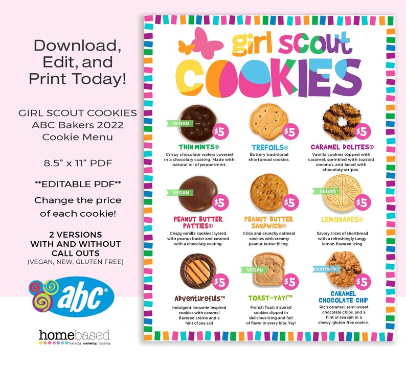 Abc Girl Scout Cookie Menu 2023 Abc Bakers Cookie Menu Etsy