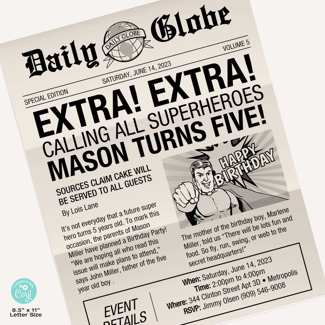 EDITABLE Superhero Newspaper Invitation / Superhero Invite • 8.5" X 11 ...