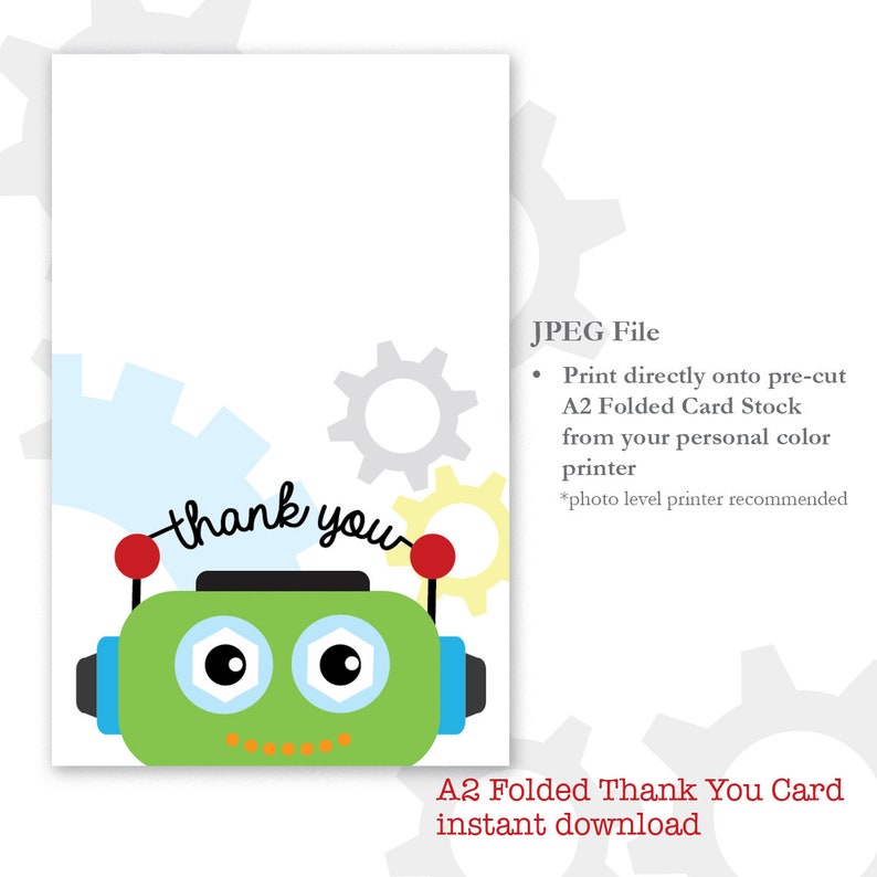 Robot Thank You Card | Robot Thank You Note | A2 Folded Card 4.25 X 5.5 ...