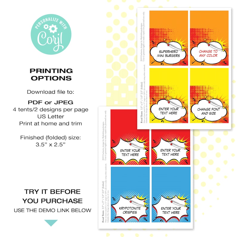 EDITABLE Printable Superhero Folding Buffet Card, Food Label, Dessert ...