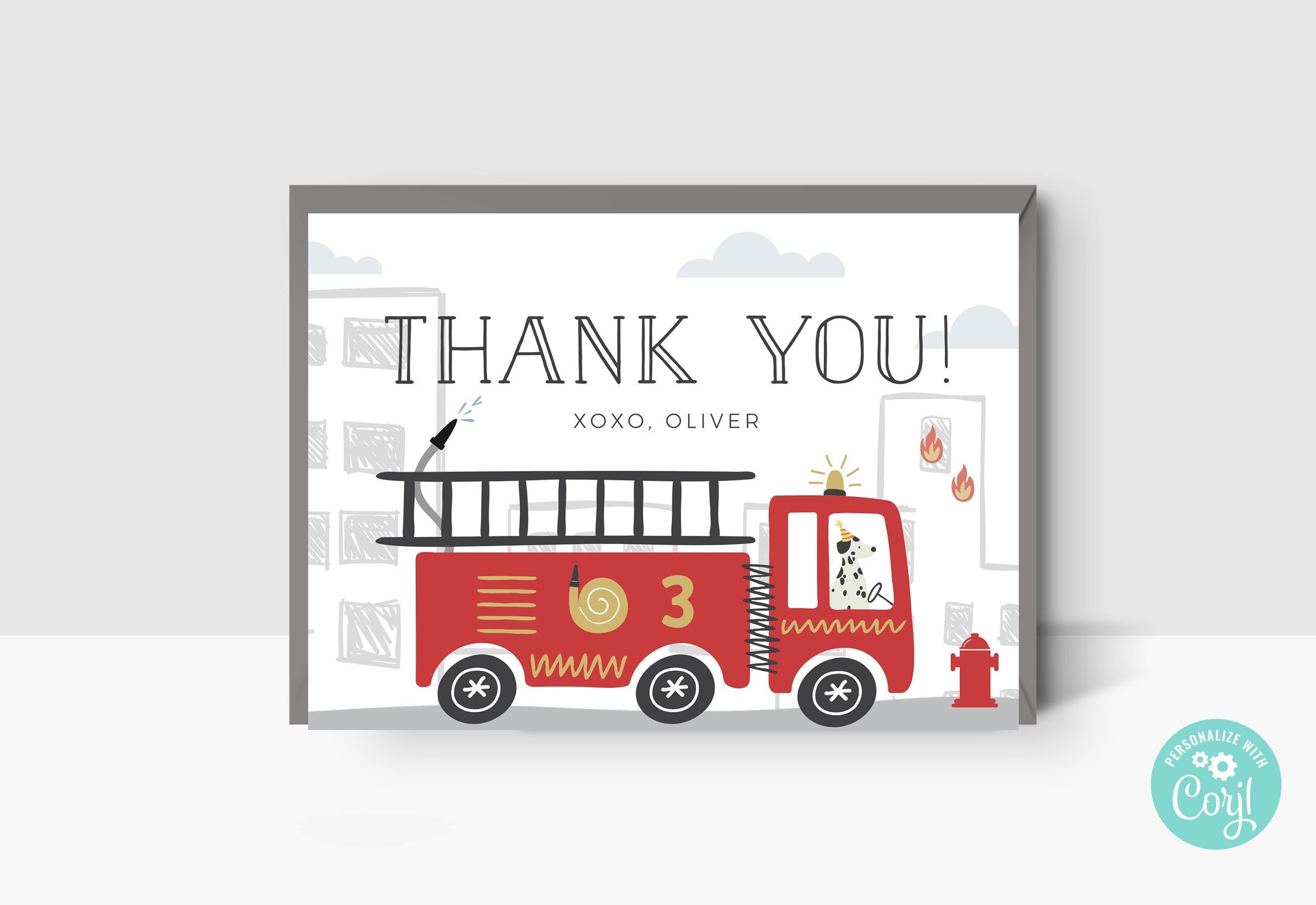 EDITABLE Fire Truck Thank You Card Note Card Stationery - Etsy